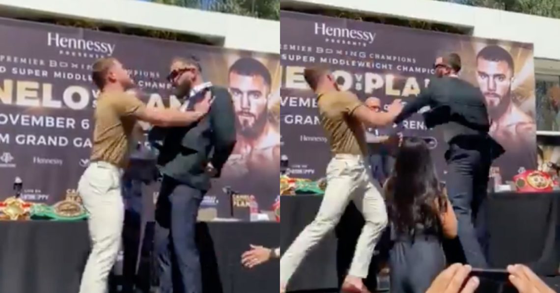 Canelo Alvarez and Caleb Plant Get Into Bloody Brawl During Face-Off ...