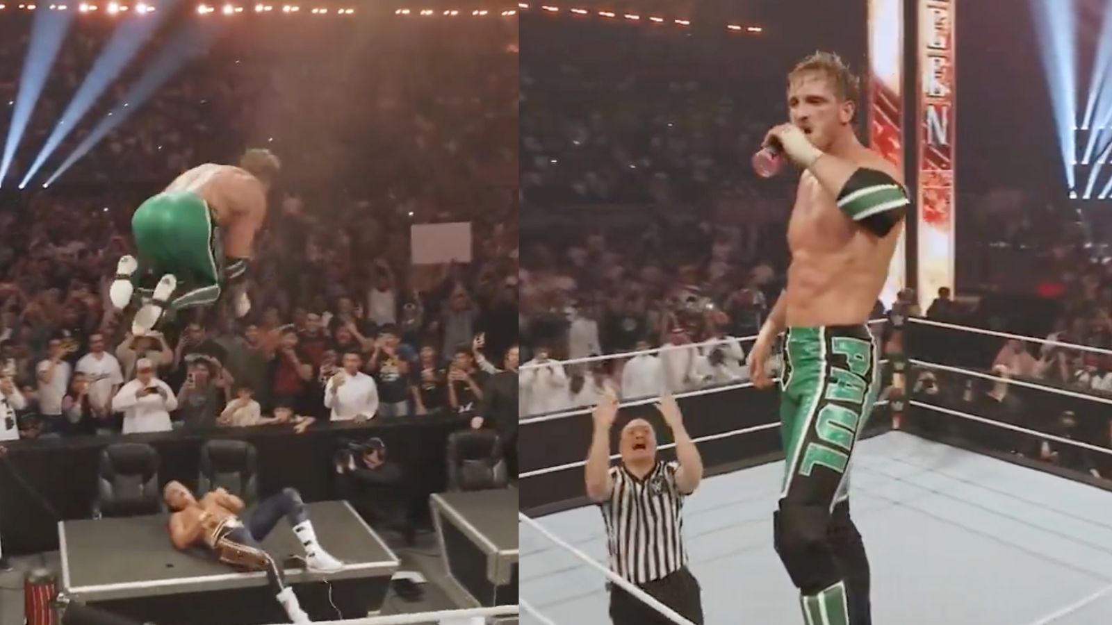 Watch: Logan Paul Breaks Announce Table With Epic Frog Splash On Cody ...